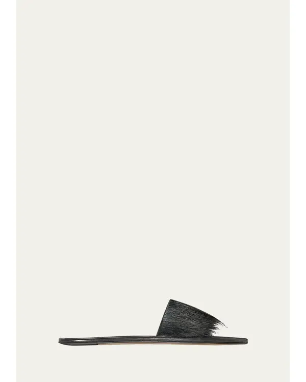 THE ROW Malick Calf Hair Flat Slide Sandals - Black