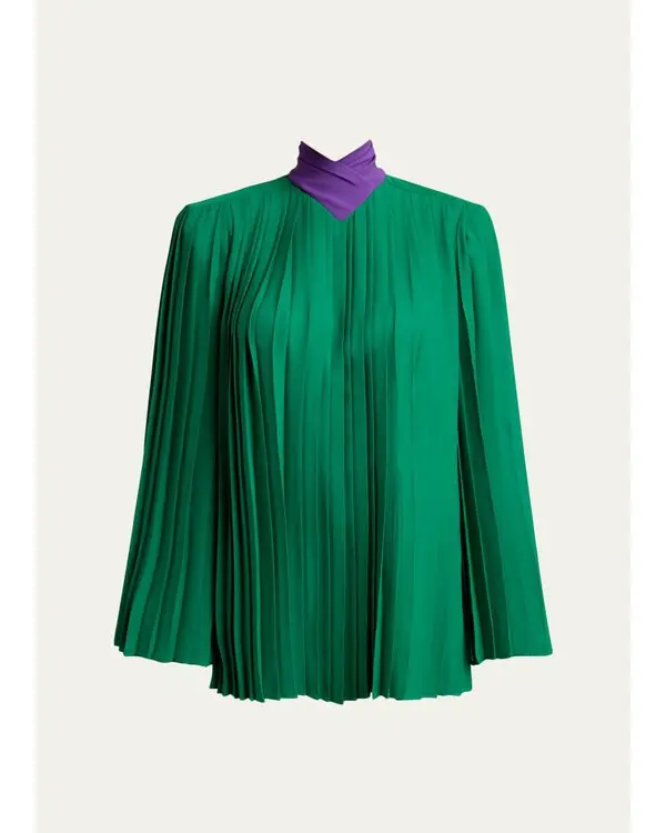 Valentino Garavani Mock-neck Pleated Silk Long-sleeve Top