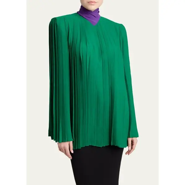 Valentino Garavani Mock-neck Pleated Silk Long-sleeve Top