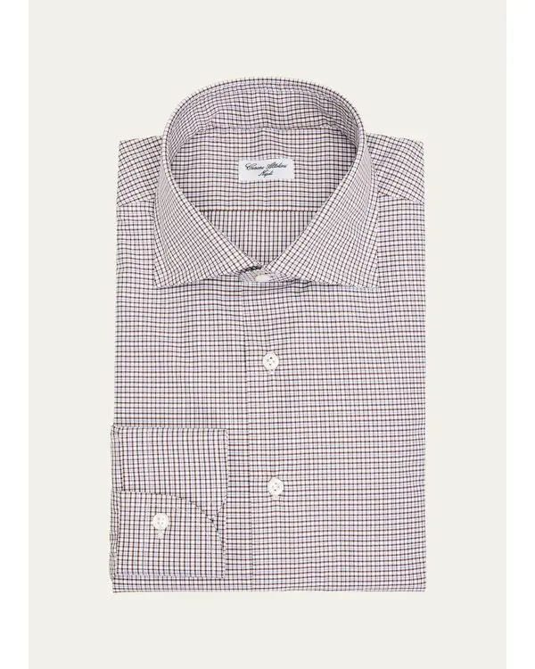 Cesare Attolini Cotton And Cashmere Micro-plaid Button-down Shirt