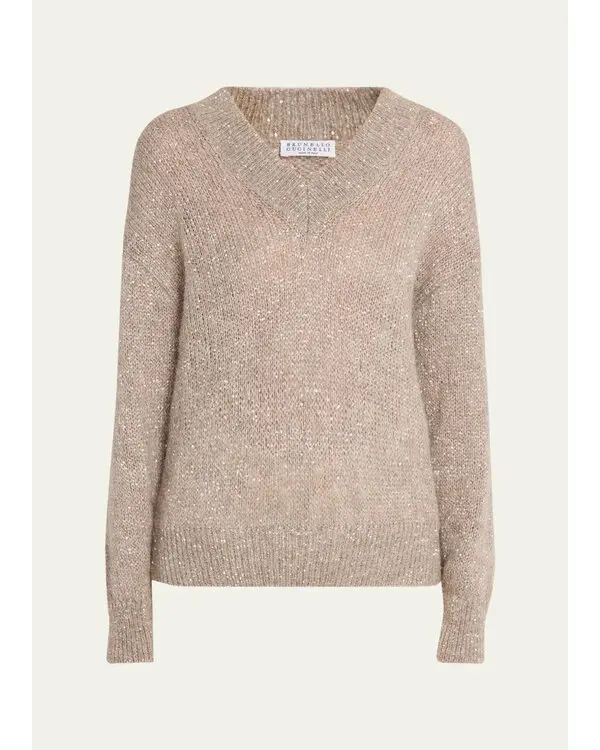 Brunello Cucinelli Winter Glow Paillette Mohair V-neck Sweater