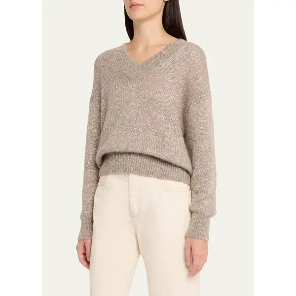 Brunello Cucinelli Winter Glow Paillette Mohair V-neck Sweater
