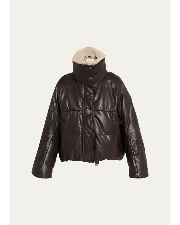 Brunello Cucinelli Waxed Leather Puffer Coat With Shearling Collar - Coffee