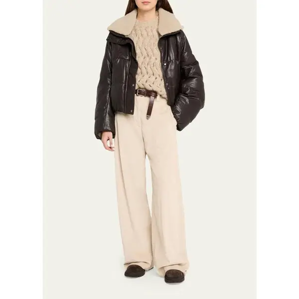 Brunello Cucinelli Waxed Leather Puffer Coat With Shearling Collar
