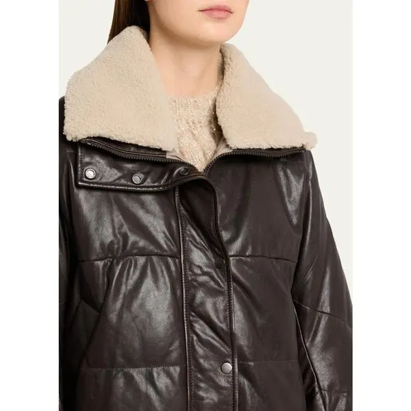 Brunello Cucinelli Waxed Leather Puffer Coat With Shearling Collar