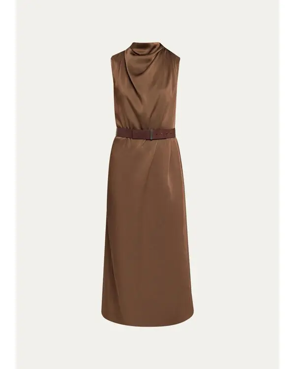 Brunello Cucinelli Cowl-neck Fluid Satin Cady Sleeveless Belted Midi Dress - Cigar