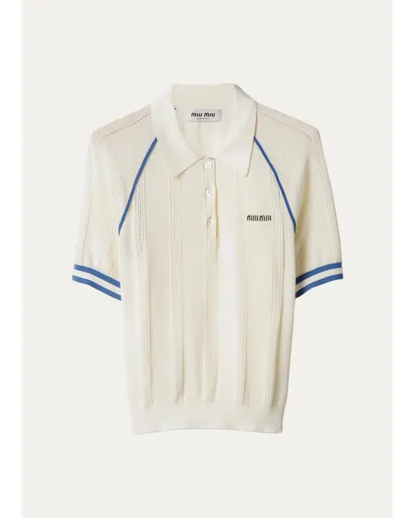 Miu Miu Contrast-striped Cotton-blend Polo Shirt - Natural/blue