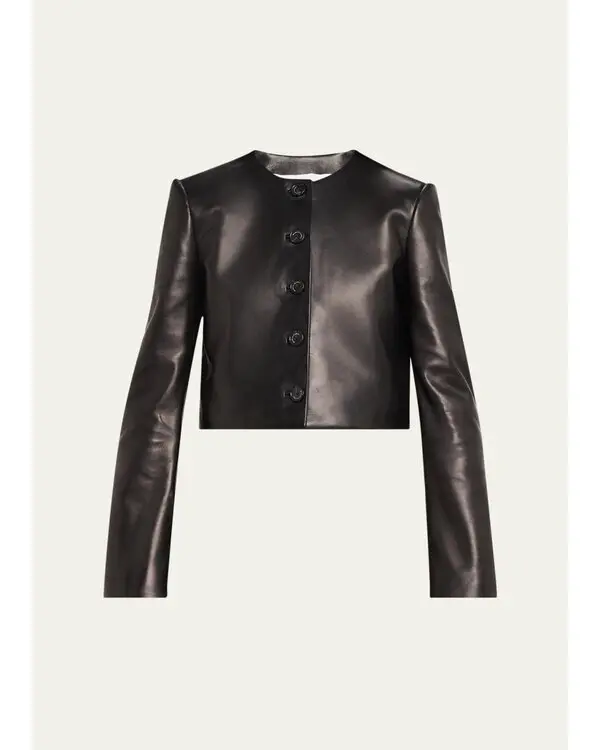 Brandon Maxwell Ryder Leather Cropped Box Jacket - Black