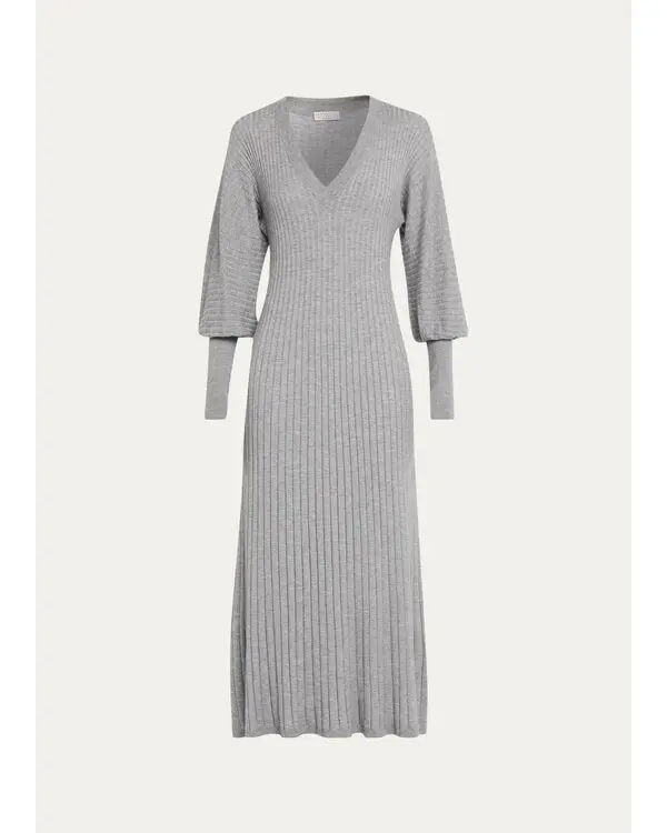 Brunello Cucinelli Sparkle Cashmere Rib Long-sleeve Midi Dress - Grey