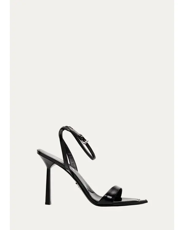 Prada 100mm Triangle Logo Leather Ankle-strap Sandals