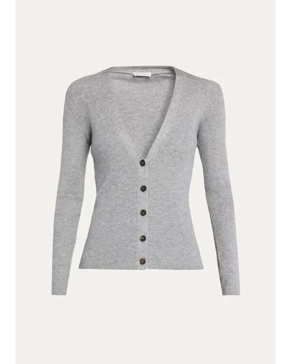 Brunello Cucinelli Sparkle Cashmere Rib V-neck Cardigan
