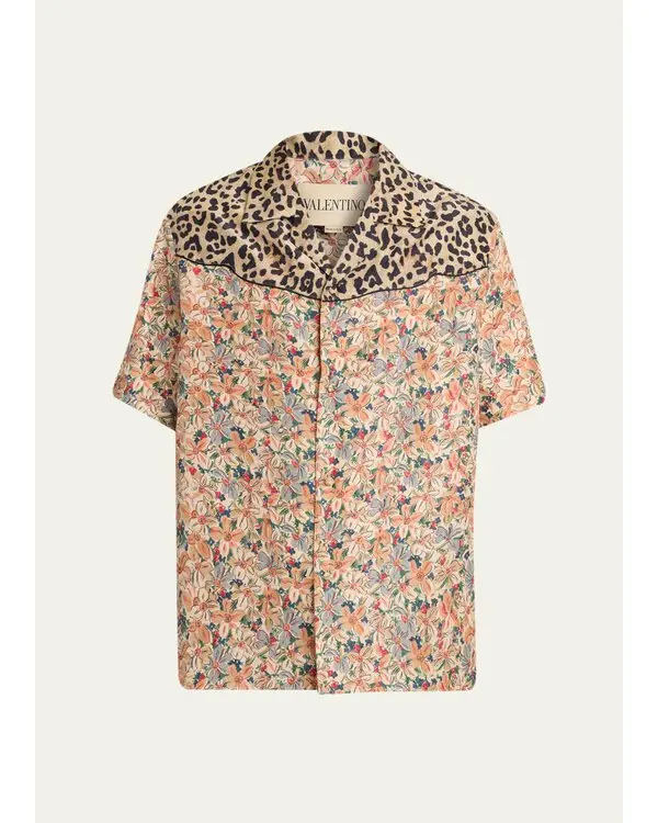 Valentino Garavani Leopard Floral Silk Camp Shirt