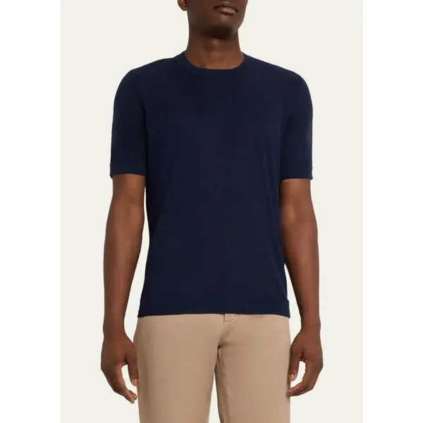 Brunello Cucinelli Linen And Cotton Knit Short-sleeve Sweater - Navy