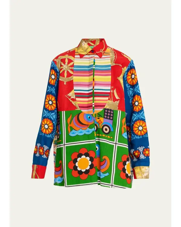 Rianna + Nina Mixed-print Bib Button-down Shirt