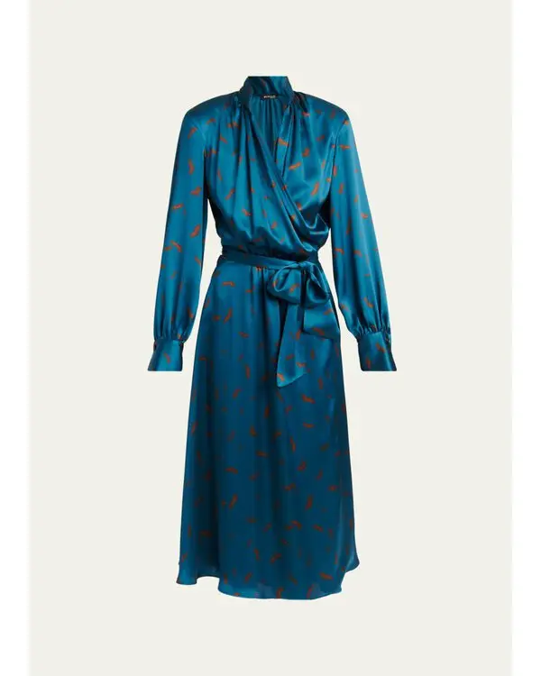 Kiton Strong-shoulder Long-sleeve Satin Midi Wrap Dress