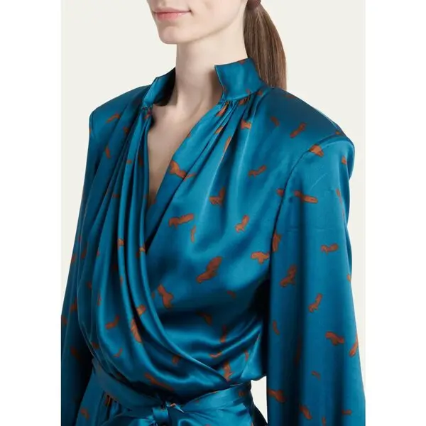 Kiton Strong-shoulder Long-sleeve Satin Midi Wrap Dress