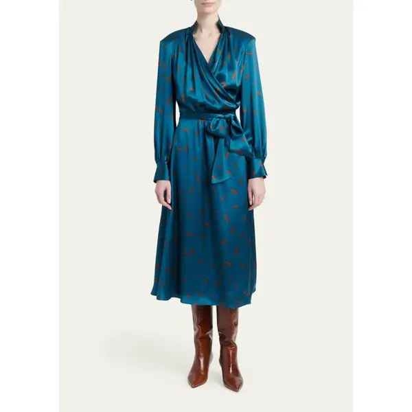 Kiton Strong-shoulder Long-sleeve Satin Midi Wrap Dress