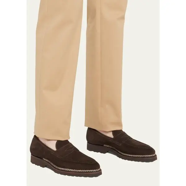Bontoni Principe Lug Sole Suede Penny Loafers - Medium Chocolate