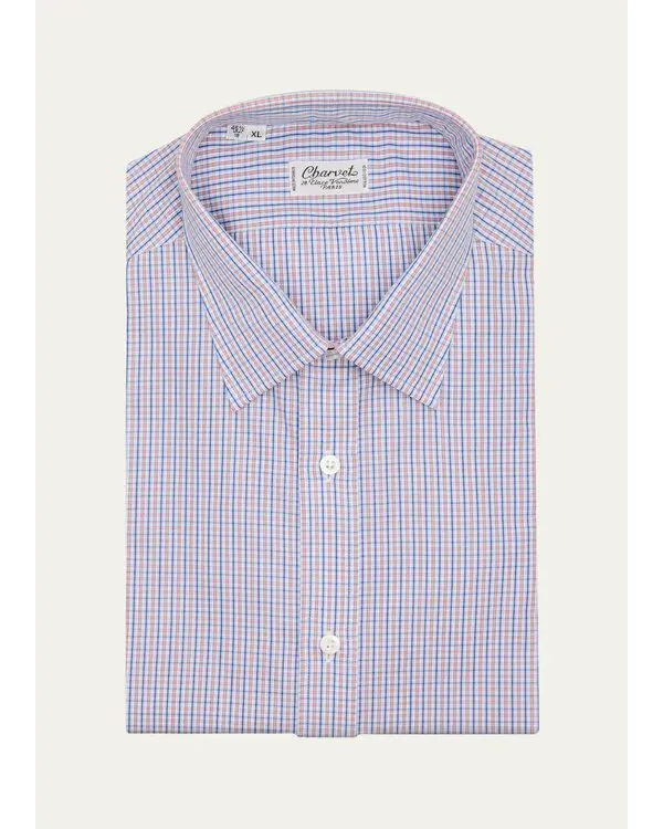 Charvet Cotton Micro-check Point Collar Slim Dress Shirt