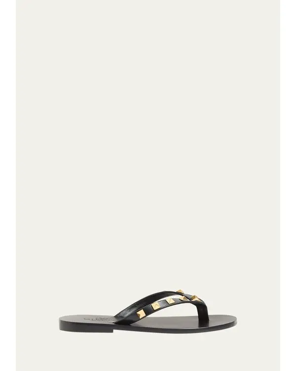 Valentino Garavani Rockstud Leather Flat Thong Sandals - Nero