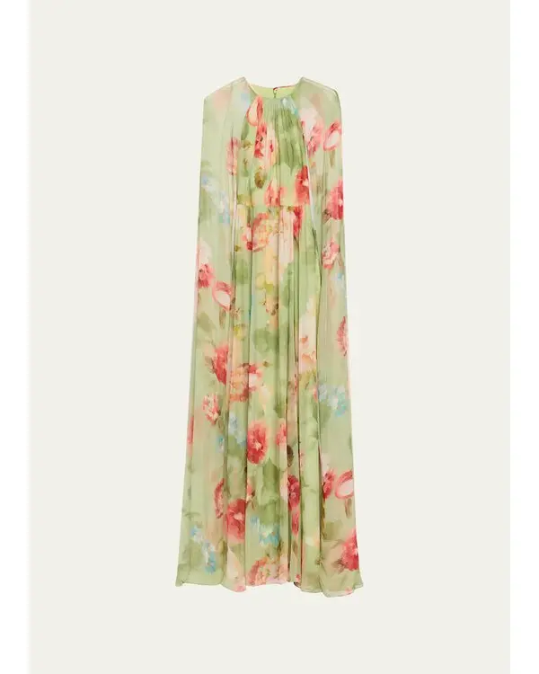 Rickie Freeman For Teri Jon Floral-print Chiffon Cape Gown - Celery Mul