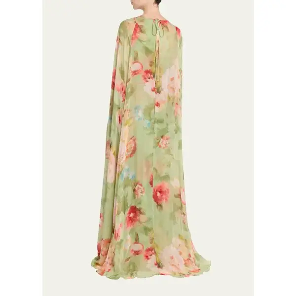 Rickie Freeman For Teri Jon Floral-print Chiffon Cape Gown