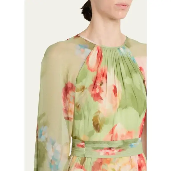 Rickie Freeman For Teri Jon Floral-print Chiffon Cape Gown