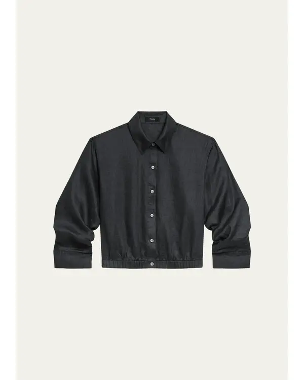 Theory Ruched-sleeve Cropped Linen Shirt