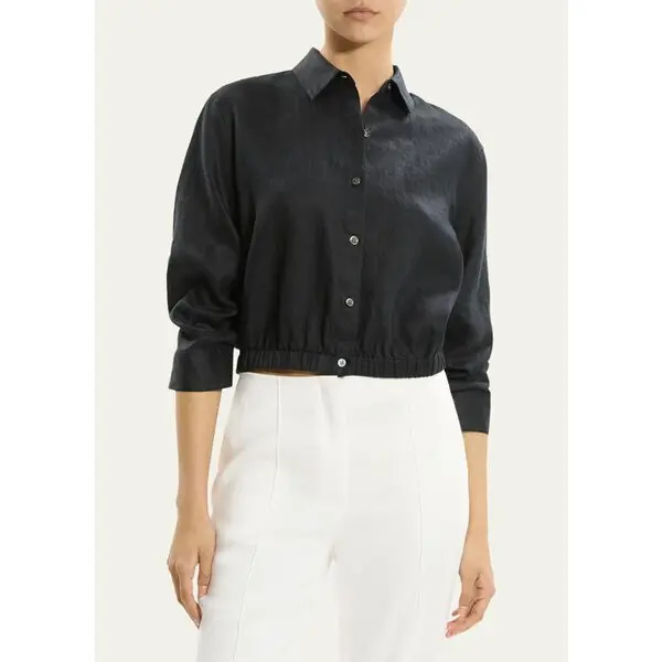 Theory Ruched-sleeve Cropped Linen Shirt