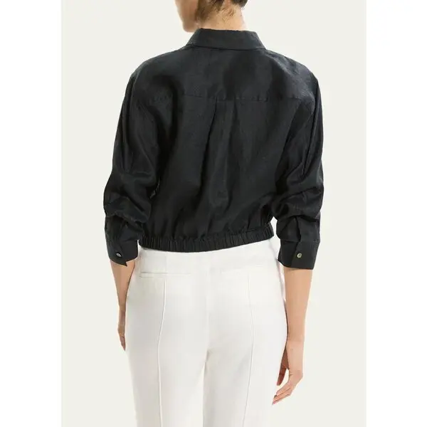 Theory Ruched-sleeve Cropped Linen Shirt