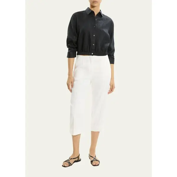 Theory Ruched-sleeve Cropped Linen Shirt