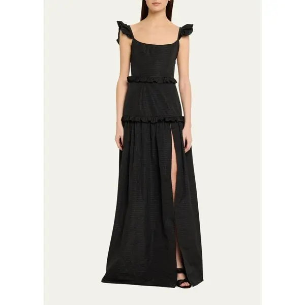MARKARIAN Arabella Ruffle Sleeveless Check Jacquard Gown