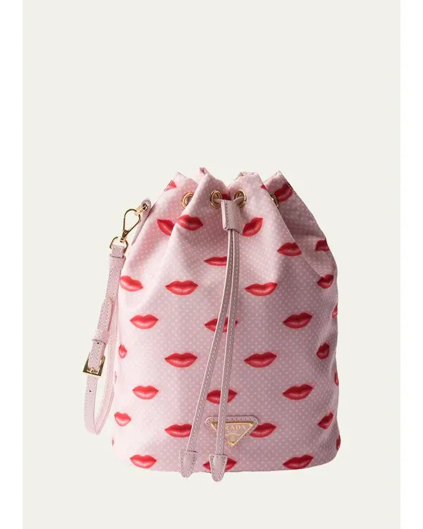 Prada Printed Lips Drawstring Wristlet Bag - Alabaster