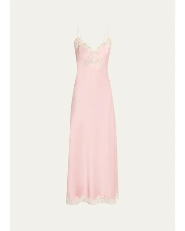 LoveShackFancy Lomira Bow Applique Satin Slip Dress