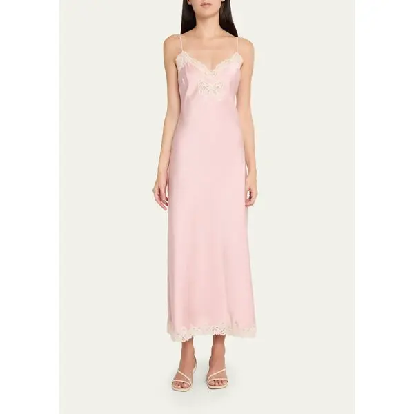 LoveShackFancy Lomira Bow Applique Satin Slip Dress