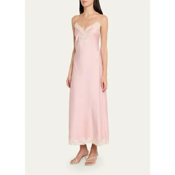 LoveShackFancy Lomira Bow Applique Satin Slip Dress