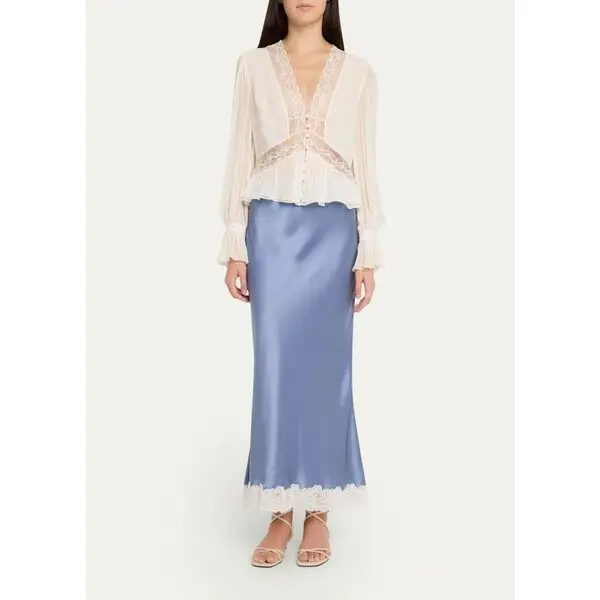 LoveShackFancy Janella Lace-hem Silk Maxi Skirt