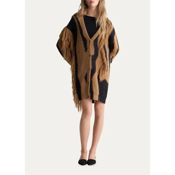 Diane Von Furstenberg Leone Fringed Abstract Intarsia Cardigan