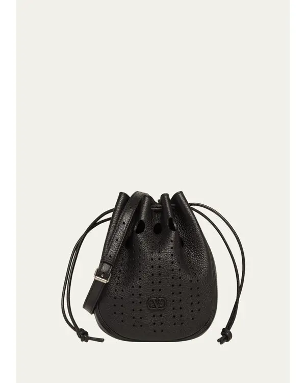Valentino Garavani Medium Drawstring Shoulder Bag In Grained Leather - Black