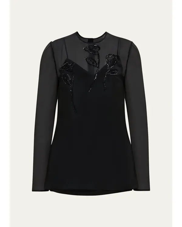 Carolina Herrera Embellished Semi-sheer Long Sleeve Top - Black