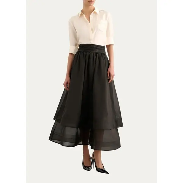 TOCCIN Amber Tiered Sheer Silk Midi Skirt