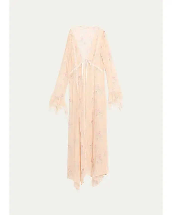 LoveShackFancy Mariven Lace-trim Floral Silk Duster Cardigan