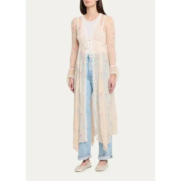 LoveShackFancy Mariven Lace-trim Floral Silk Duster Cardigan