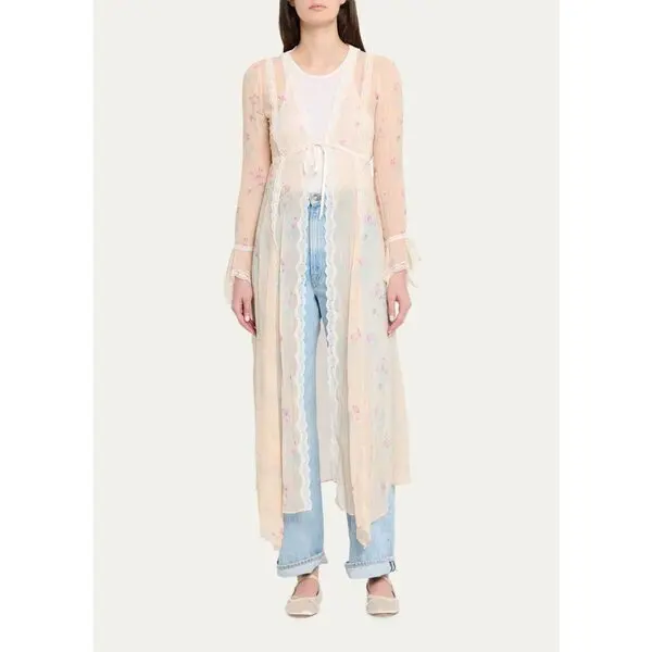 LoveShackFancy Mariven Lace-trim Floral Silk Duster Cardigan