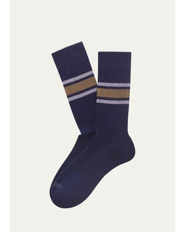 Marcoliani College Stripe Cotton Blend Crew Socks - Navy