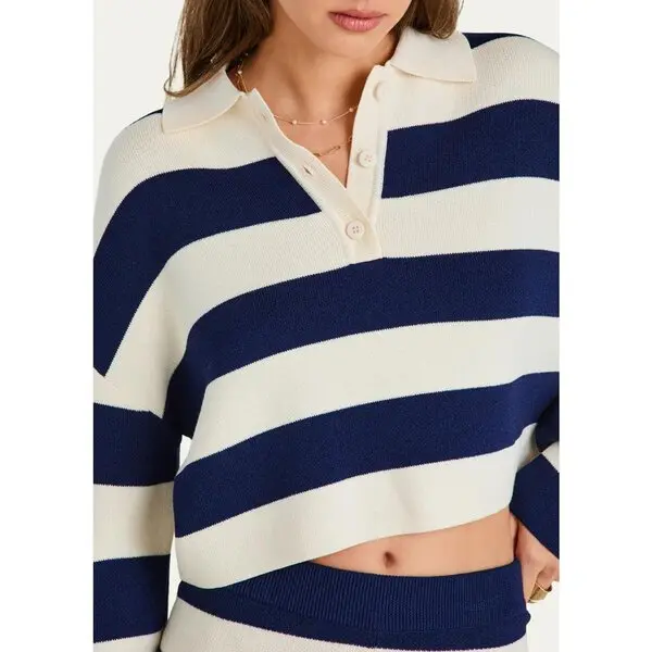 SEROYA Ryla Striped Polo Sweater - Eggshell/navy