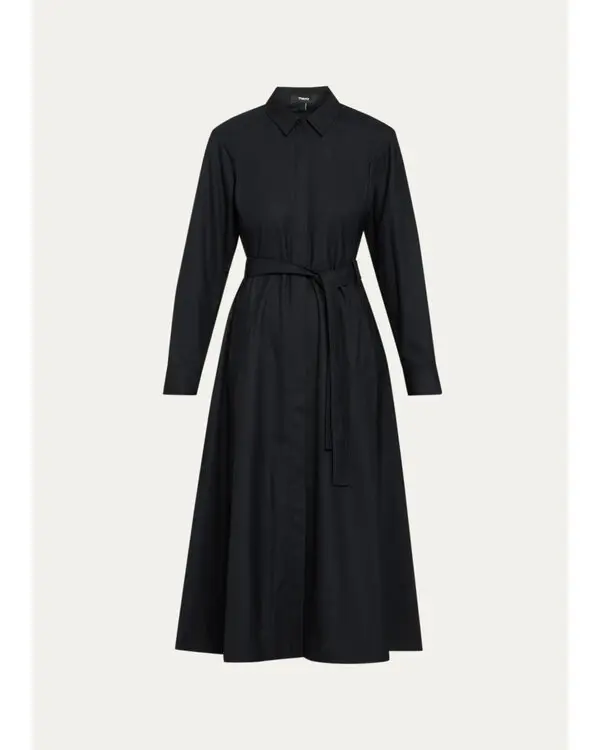 Theory Long-sleeve Belted Midi Shirtdress - Black