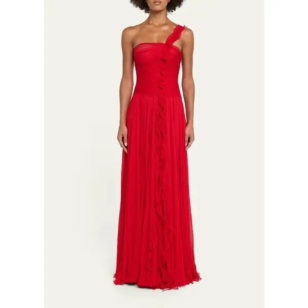 MARMAR HALIM One-shoulder Silk Georgette Ruffle Gown
