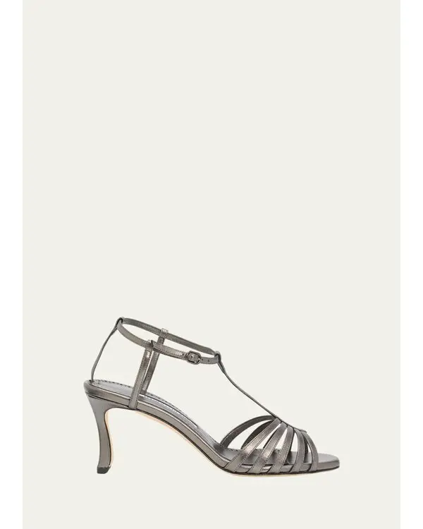 Manolo Blahnik 90mm Fulconpla Metallic Leather Caged Sandals - Silver