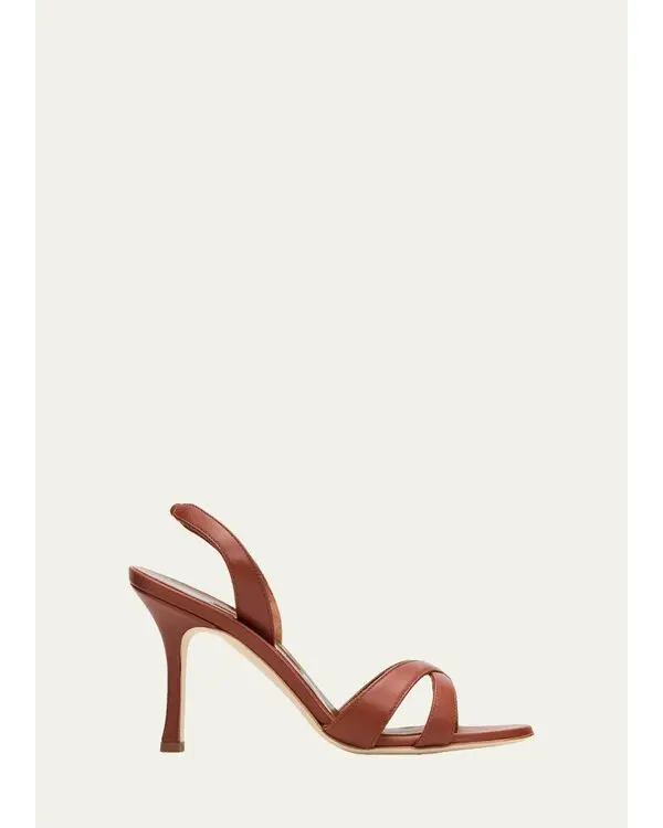 Manolo Blahnik 90mm Callasli Crossover Leather Slingback Sandals - Medium Brown
